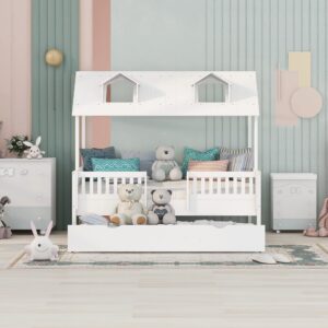 harper & bright designs full size house bed with trundle, full size bed frame for kids,wooden cabin full playhouse bed for girls, boys,no box spring needed,white