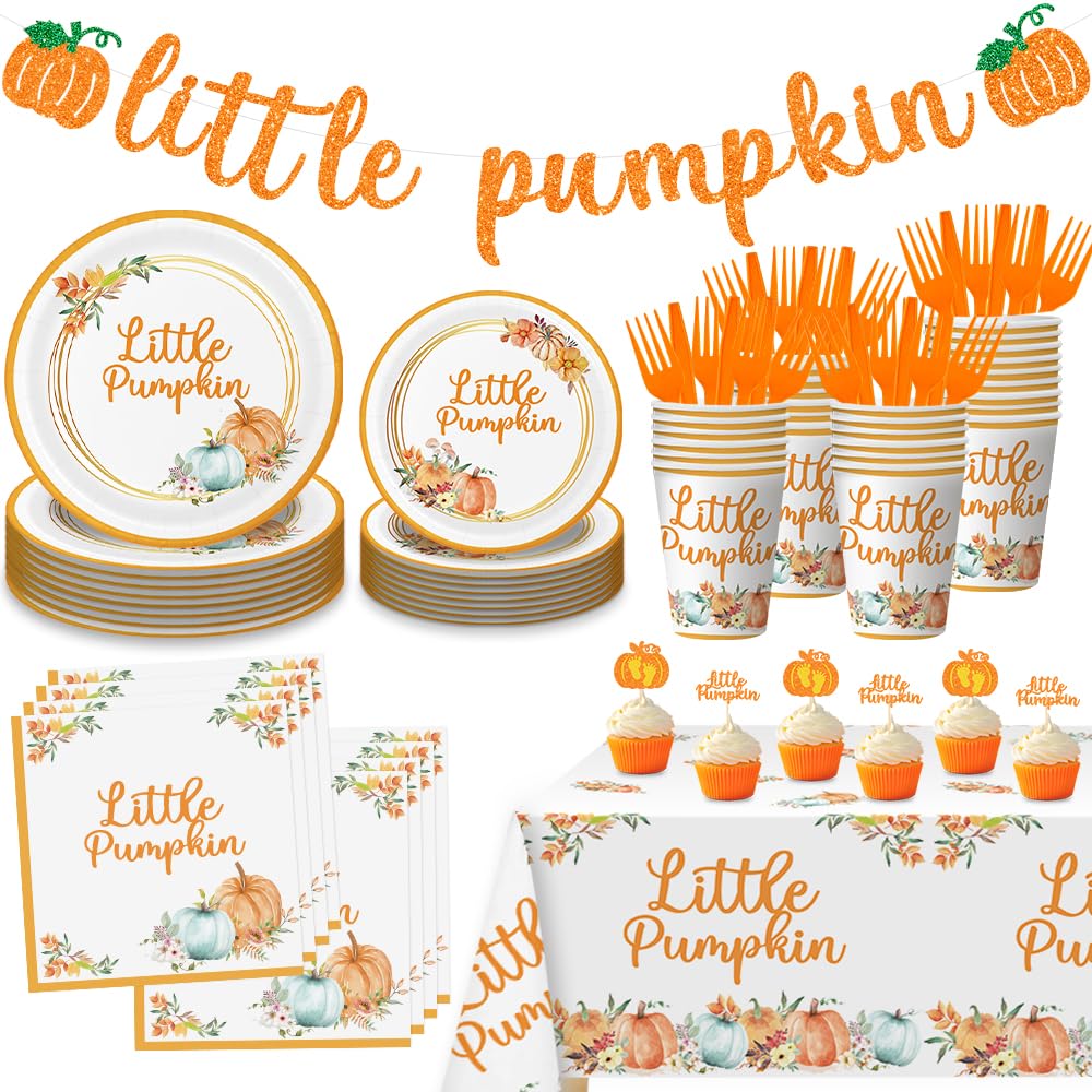 Little Pumpkin Baby Shower Party Decorations Set Serves 25, Little Pumpkin Baby Shower Plates and Cups, A Little Pumpkin is On The Way Baby Shower, Boy Girl Little Pumpkin 1st Birthday Party Supplies