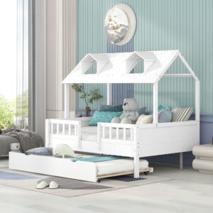 bellemave full house bed with trundle & fence railings kids cottage beds wood playhouse bed frame for toddlers girls boys teens, full size, white