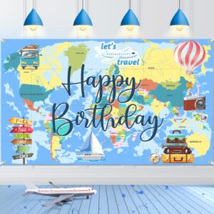 travel theme birthday party banner decorations adventure awaits birthday banner let the adventure begin world map photobooth for birthday graduation baby shower party supplies 71 x 44 inch