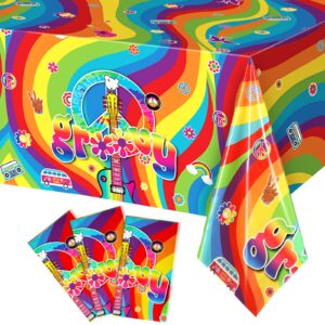 3 pieces plastic groovy tablecloths retro hippie table covers for rectangle table, disposable rainbow party decorations for 60s 70s boho themed birthday baby shower carnival party (tie dye style)