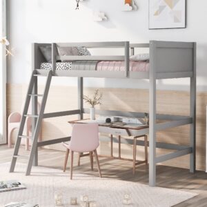 harper & bright designs twin loft bed wood loft bed frame with full-length guardrails and angel ladder for kids boys girls teens, gray