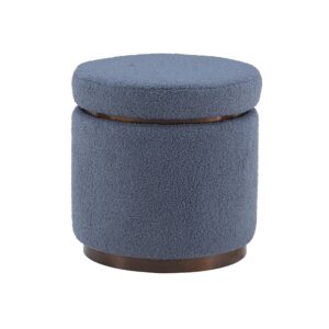 linon lexington blue sherpa round storage ottoman with wood accent