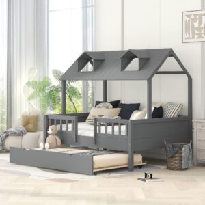 bellemave house bed with trundle & fence railings kids cottage beds wood playhouse bed frame for toddlers girls boys teens, bellemave size, gray