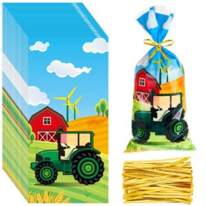 gueevin 100 pcs tractor gift bags cellophane tractor party favors tractor birthday party supplies farm tractor theme treat goodie candy bags kids party decorations with twist ties for baby shower