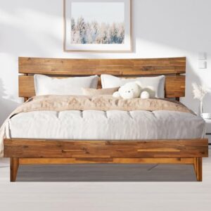 acacia aurora wooden frame with headboard, solid platform bed, easy assembly, no box spring needed, king (u.s. standard), caramel + wood support leg