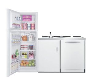 summit appliance ackdw72 72" wide all-in-one kitchenette with full-sized frost-free refrigerator-freezer, 24" dishwasher, two coil 115v burners, sink, and storage cabinet