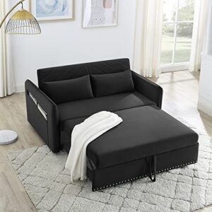 holaki convertible velvet sleeper sofa bed, 55" velvet loveseat sofa with usb charging port,modern pull out sofa bed with adjustable backrest,2 pillows and storage side pocket for home office(black)