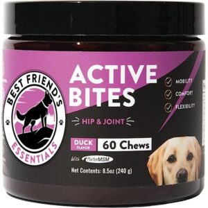 active bites - joint and hip support supplement- a blend of chondroitin, msm, and glucosamine in each tasty chew - small, medium, and large dog breed - duck flavor - by best friend's essentials