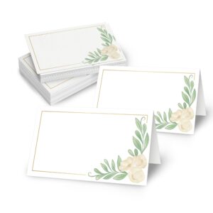 rileys & co 50 pack blank placecards, white and gold foil wedding place cards for table setting at dinner parties, receptions, and events, double sided for guest names, 2x3.5 inches folded