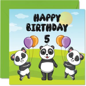 5th birthday card unisex - panda party - happy birthday card 5 year old, 5.7 x 5.7 inch cute greeting card for son daughter brother sister grandson granddaughter niece nephew cousin