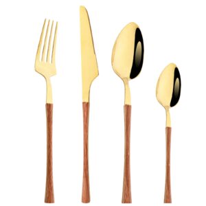 briiec 24-piece wood silverware flatware set stainless steel cutlery service for 6, including fork spoon knife tableware, mirror polished,wooden handle with gold mouth