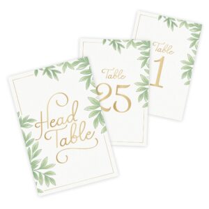 rileys & co large wedding table number cards 1-25 and head table sign, double-sided gold foil print and elegant leaf design for wedding receptions, parties, and events, 26 pieces, 4x6 inches