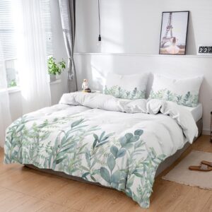 yun nist king 4 piece bedding set summer eucalyptus leaf green leaves,soft breathable duvet cover and pillowcase,country farm plants on white washable bed sheets for bedroom dormitory guest room