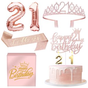 21st birthday gifts decorations for her - 21 birthday cake topper, balloons, queen sash, crown and candle set, rose gold