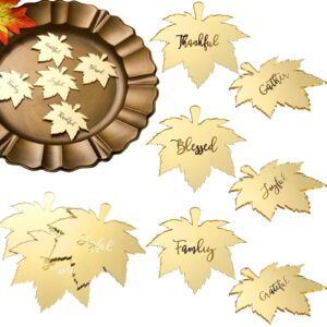 12 pieces thanksgiving table place acrylic fall plates grateful thankful blessed place card thanksgiving table decor laser cut sign table settings for dining table decor (gold, maple leaf style)