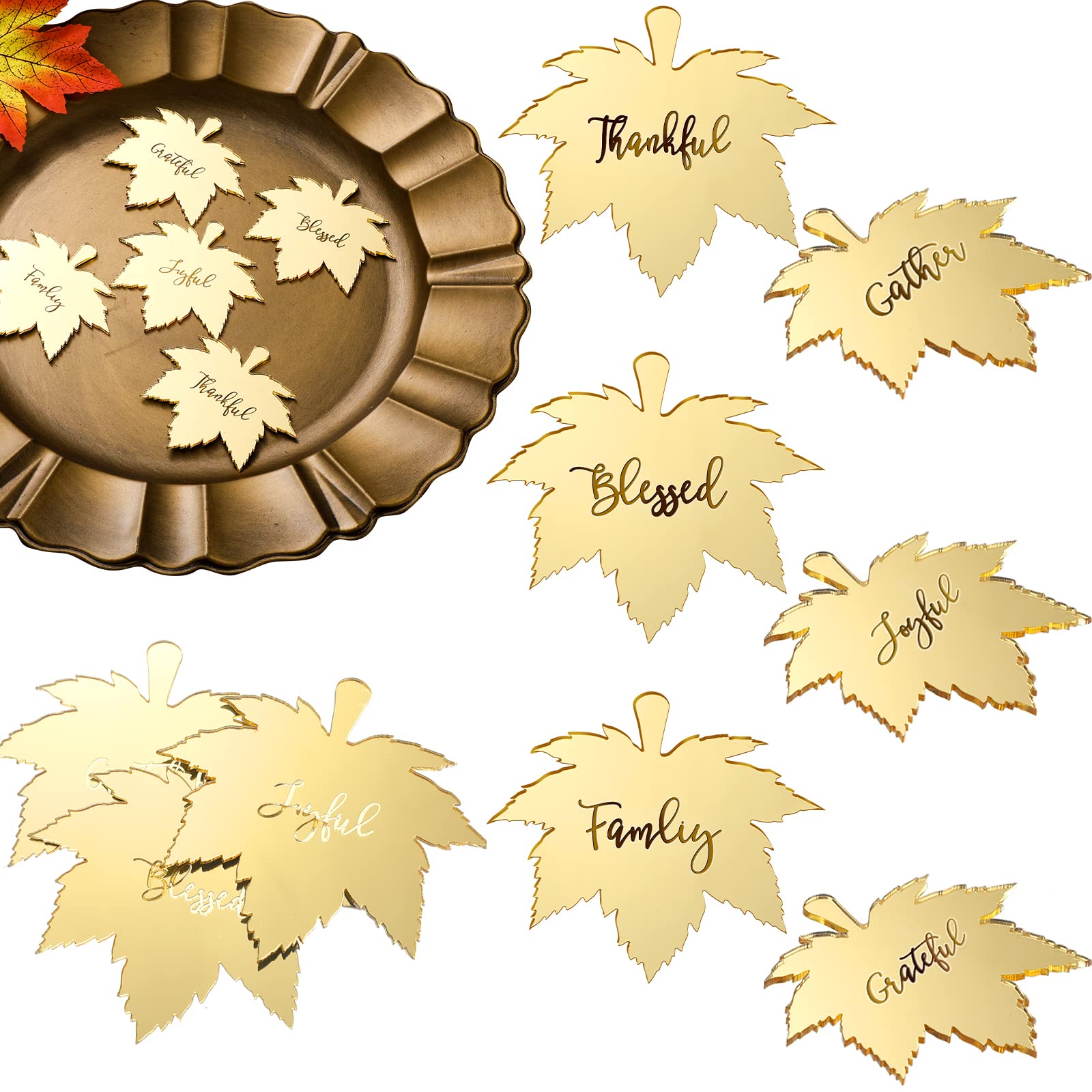 12 Pieces Thanksgiving Table Place Acrylic Fall Plates Grateful Thankful Blessed Place Card Thanksgiving Table Decor Laser Cut Sign Table Settings for Dining Table Decor (Gold, Maple Leaf Style)