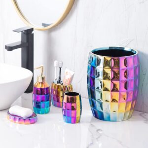 gold bathroom accessory set, colorful/gold mosaic ceramic decorative round small trash can wastebasket, garbage container bin for bathrooms, powder rooms, kitchens, home offices