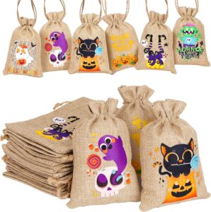 diydec 36pcs halloween burlap gift bags, halloween jute linen burlap treat candy goodies drawstring bags for halloween favors supplies