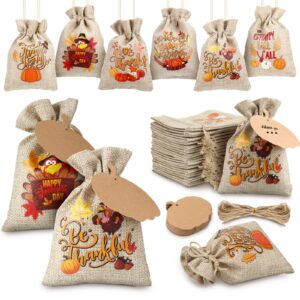 36 pcs thanksgiving burlap bags thanksgiving treat goodies bags pumpkin turkey burlap gift bags with drawstring fall candy bags with pumpkin card small drawstring pouch for thanksgiving fall party