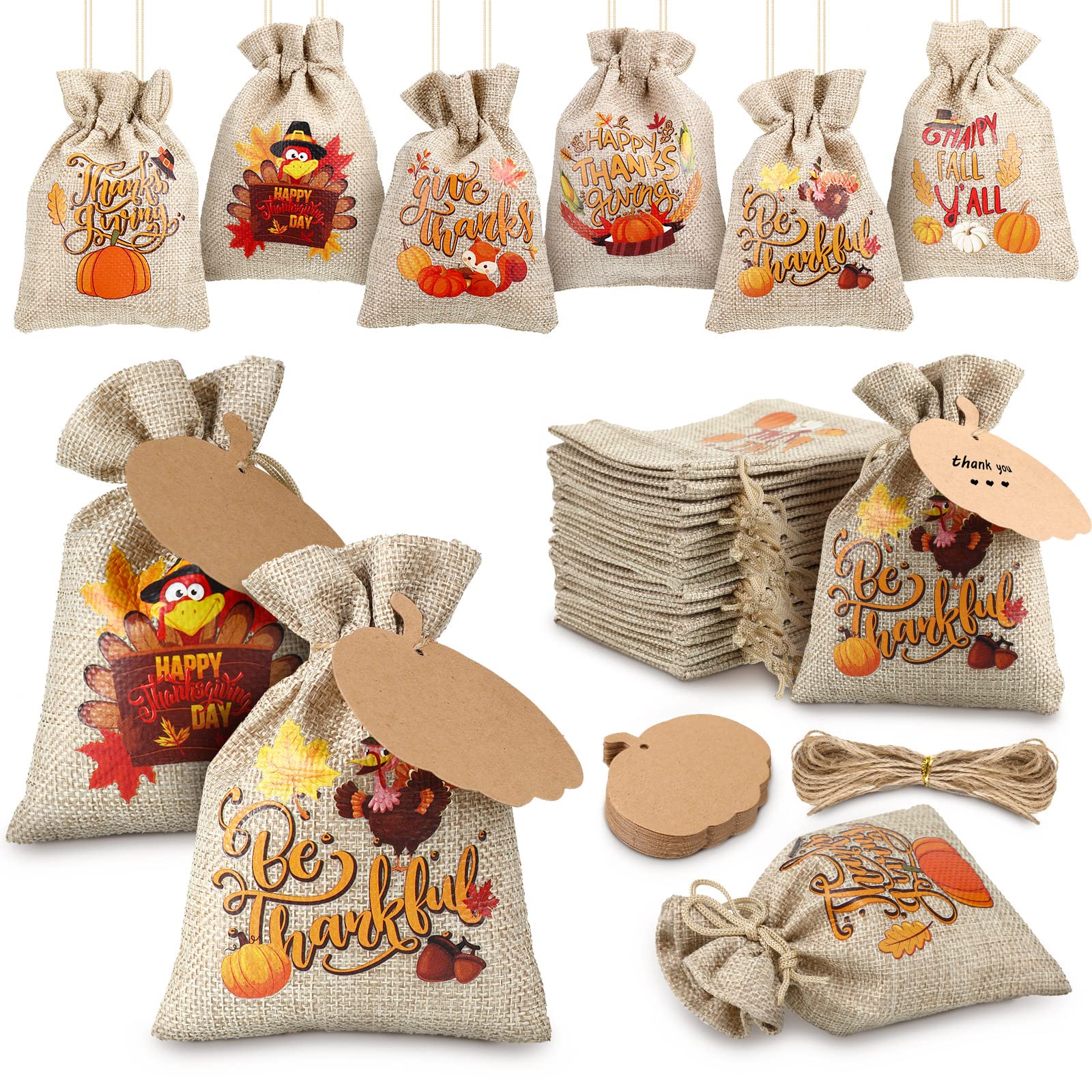 36 Pcs Thanksgiving Burlap Bags Thanksgiving Treat Goodies Bags Pumpkin Turkey Burlap Gift Bags with Drawstring Fall Candy Bags with Pumpkin Card Small Drawstring Pouch for Thanksgiving Fall Party