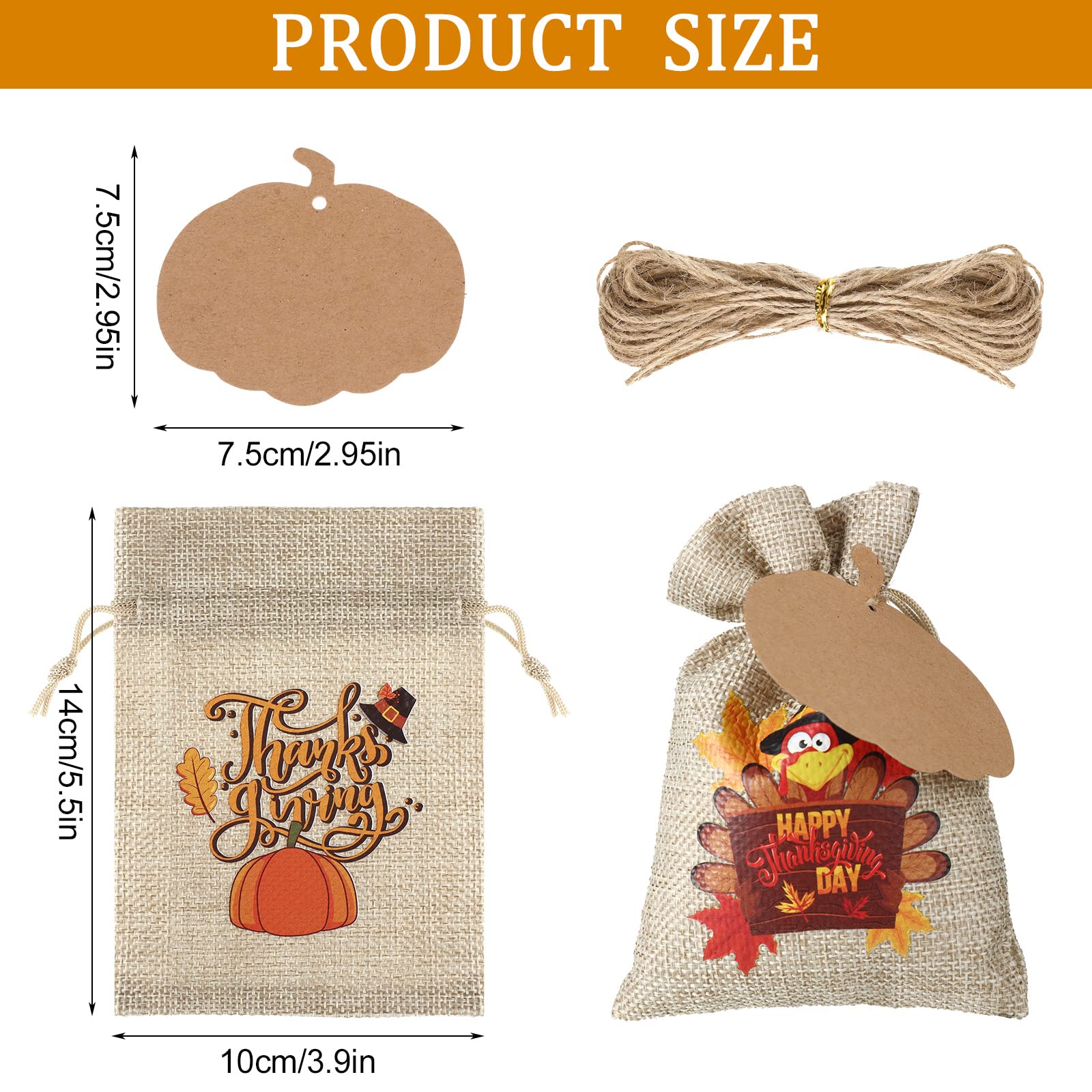 36 Pcs Thanksgiving Burlap Bags Thanksgiving Treat Goodies Bags Pumpkin Turkey Burlap Gift Bags with Drawstring Fall Candy Bags with Pumpkin Card Small Drawstring Pouch for Thanksgiving Fall Party