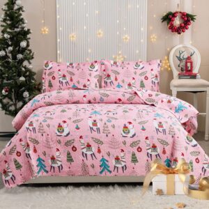 chesity christmas bedding quilt set queen size 3-piece kids bedspread xmas bedding set with alpaca pattern lightweight coverlet cover for all season (pink, 1 quilt + 2 pillowcases)