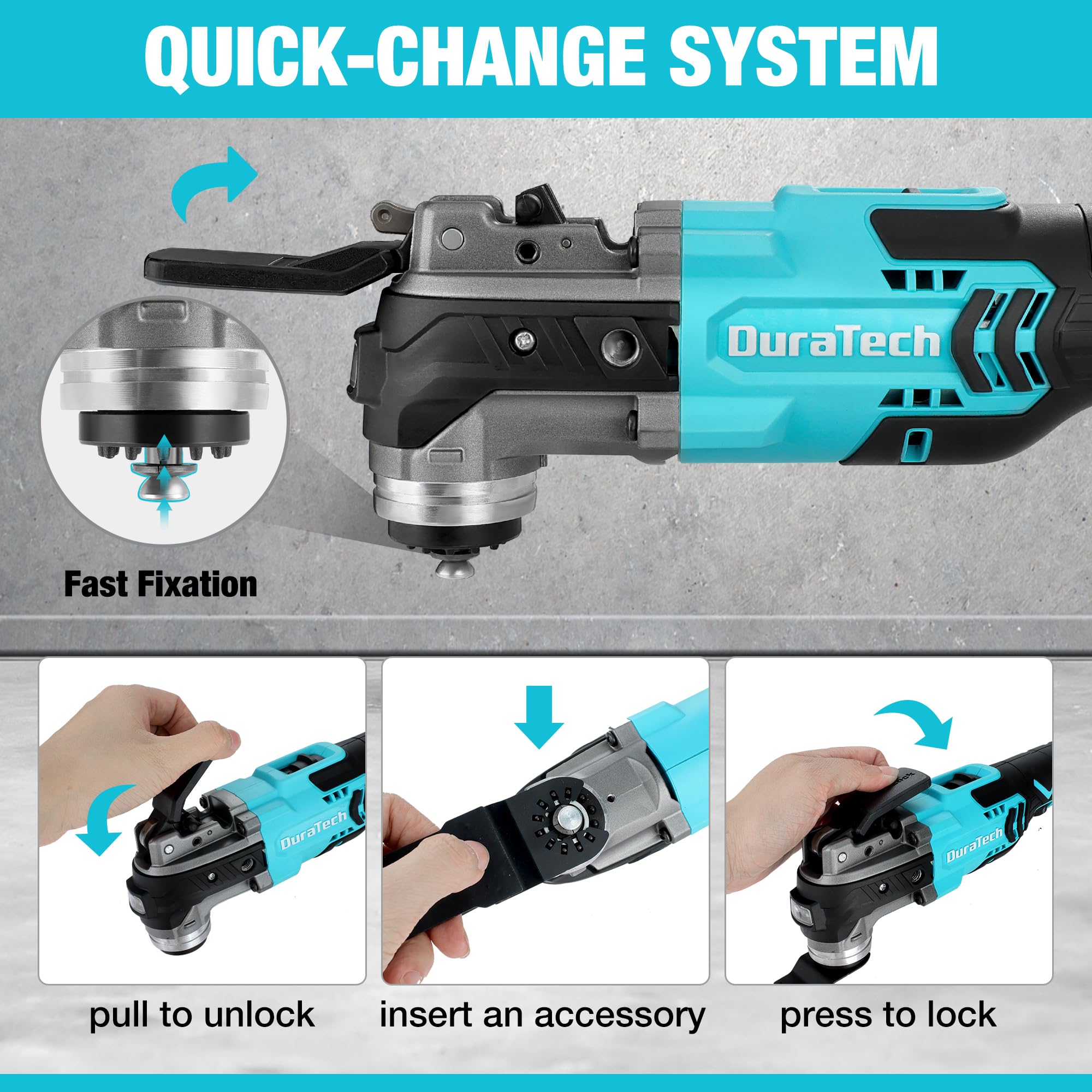 DURATECH Cordless Oscillating Tool, 20V Oscillating Multi Tool Kit with 6 Variable Speed, 3° Oscillation Angle, 24PCS Accessories, 2.0Ah Battery, Charger & Carrying Case, for Cutting, Scraping,Sanding