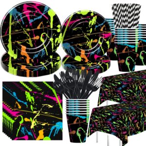 hipvvild neon party supplies tableware, neon glow party decorations include plate, cup, napkin, tablecloth, cutlery, straw, neon graffiti glow theme birthday baby shower party decorations | serve 24