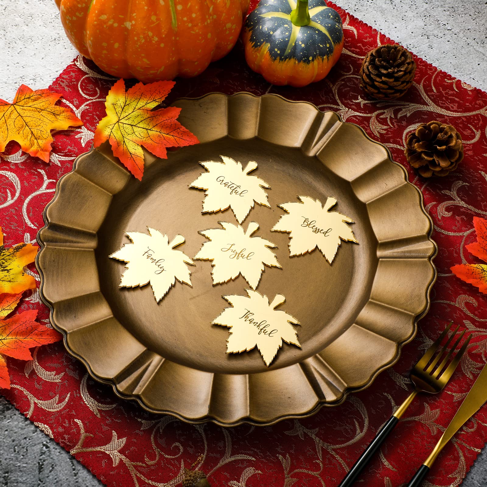 12 Pieces Thanksgiving Table Place Acrylic Fall Plates Grateful Thankful Blessed Place Card Thanksgiving Table Decor Laser Cut Sign Table Settings for Dining Table Decor (Gold, Maple Leaf Style)