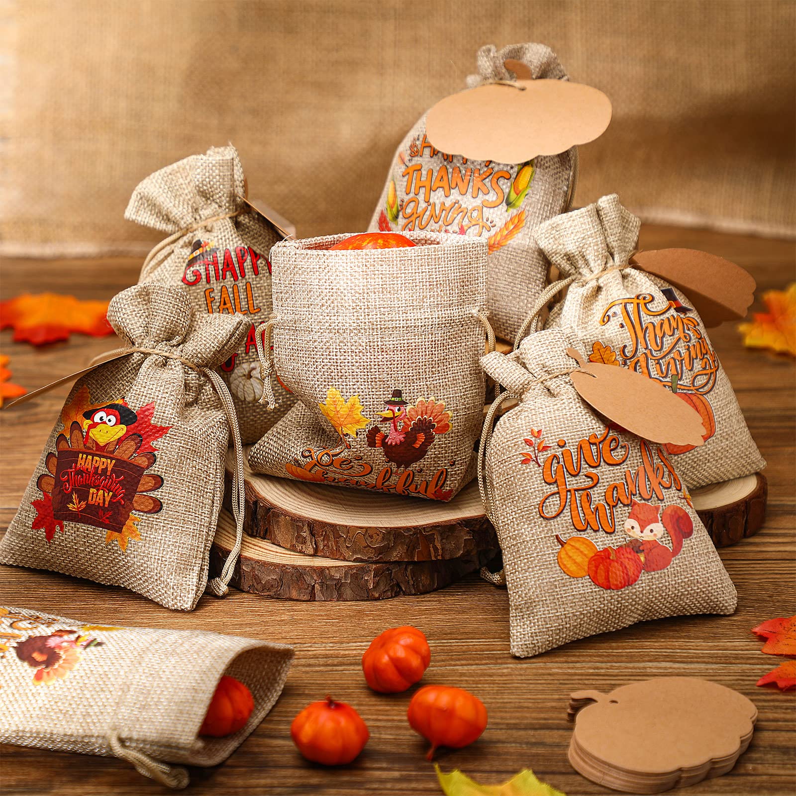 36 Pcs Thanksgiving Burlap Bags Thanksgiving Treat Goodies Bags Pumpkin Turkey Burlap Gift Bags with Drawstring Fall Candy Bags with Pumpkin Card Small Drawstring Pouch for Thanksgiving Fall Party