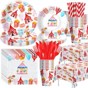 hipvvild circus theme party decorations tableware, carnival party supplies, plate, cup, napkin, tablecloth, cutlery, straw, circus carnival theme party decorations for birthday baby shower | serve 24