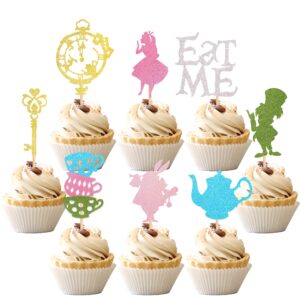 24 pcs alice in wonderland cupcake toppers glitter bowl key clock fairy eat me cupcake picks tea party cake decorations for baby shower kids boys girls birthday party supplies