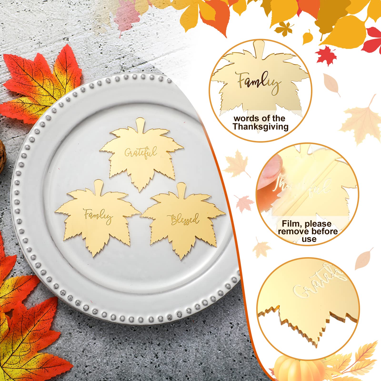 12 Pieces Thanksgiving Table Place Acrylic Fall Plates Grateful Thankful Blessed Place Card Thanksgiving Table Decor Laser Cut Sign Table Settings for Dining Table Decor (Gold, Maple Leaf Style)