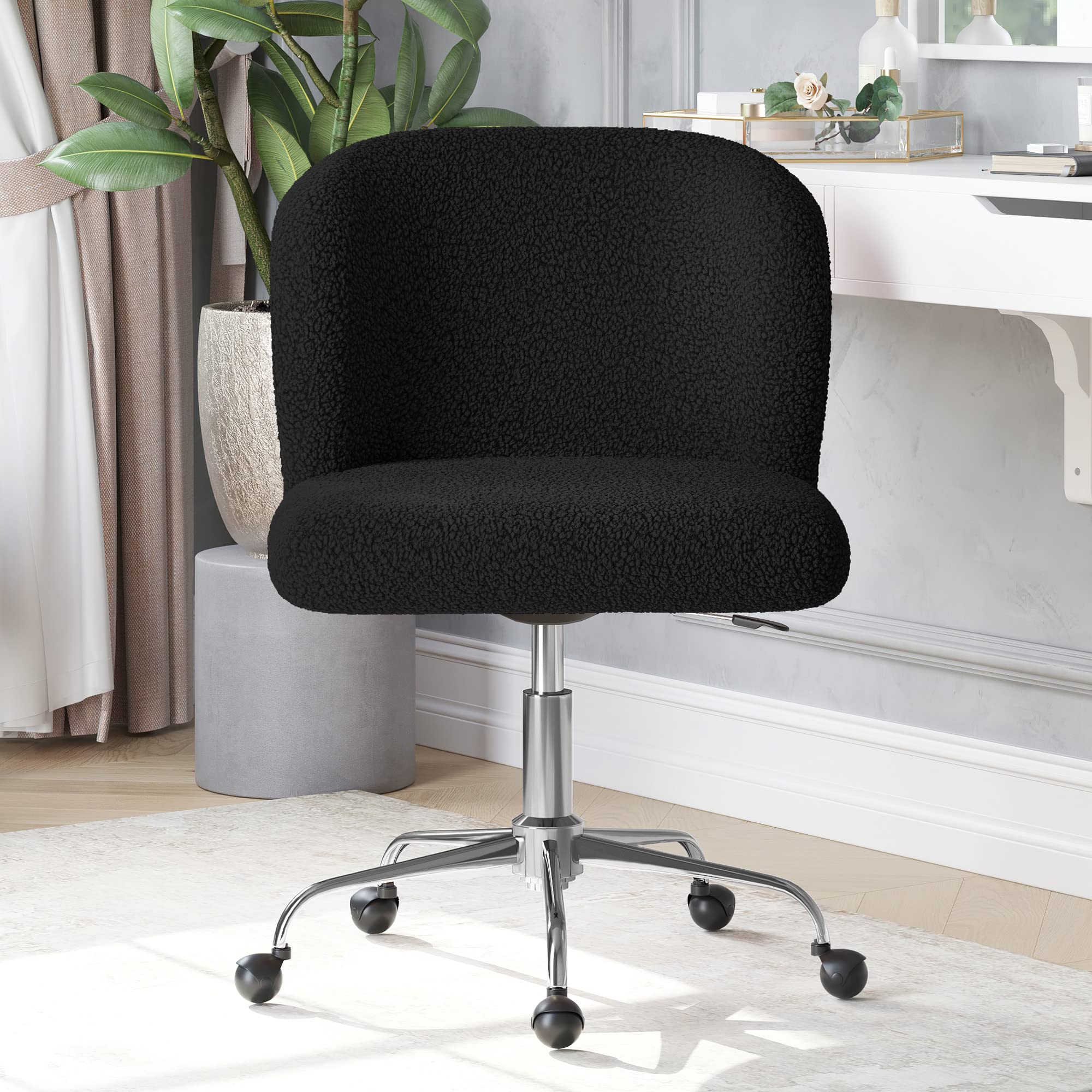 BELLEZE Modern Upholstered Boucle Office Desk Chair with Swivel Wheels and Adjustable Height Accent Chair Decorative Office or Vanity, Stylish Comfy - Aston (Black)