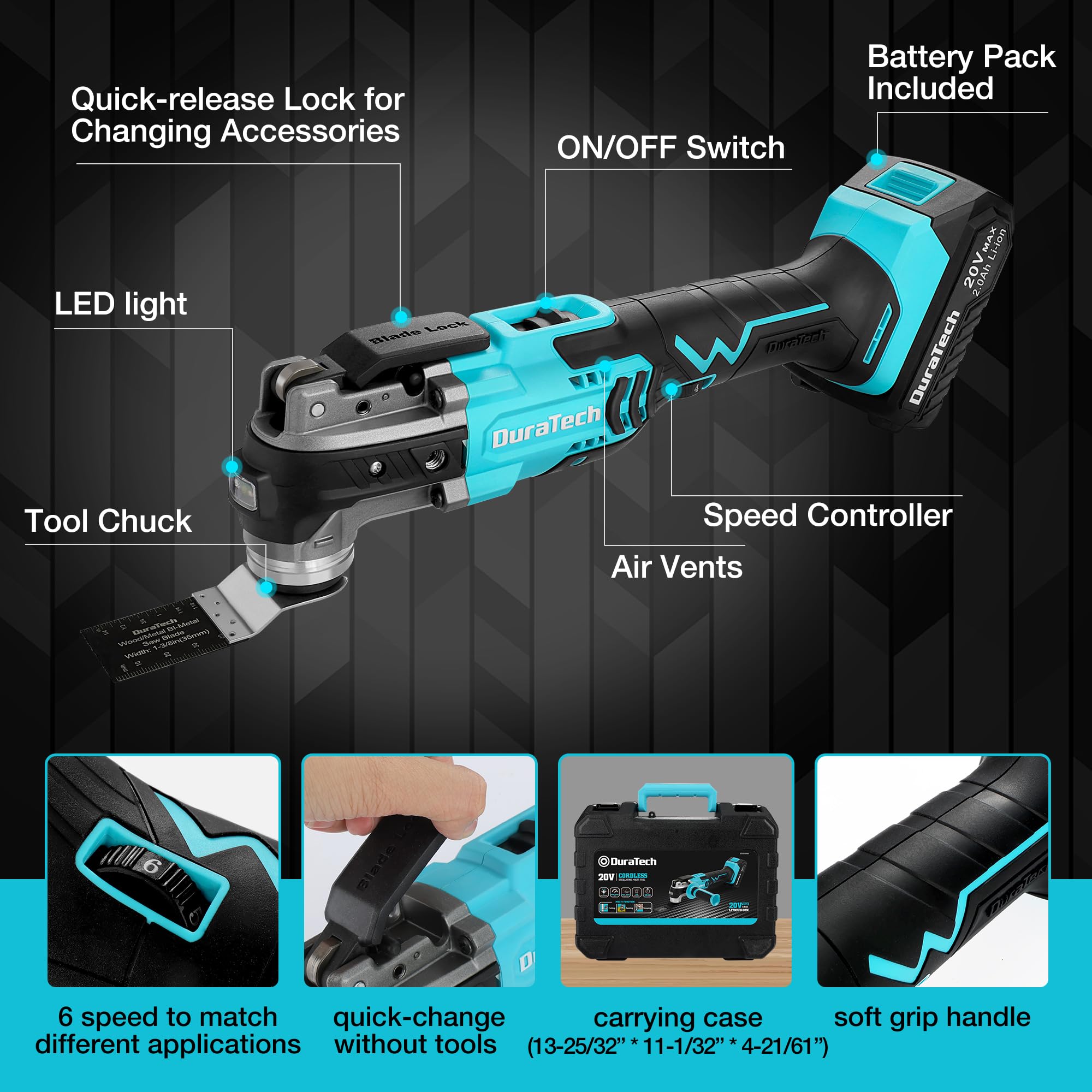 DURATECH Cordless Oscillating Tool, 20V Oscillating Multi Tool Kit with 6 Variable Speed, 3° Oscillation Angle, 24PCS Accessories, 2.0Ah Battery, Charger & Carrying Case, for Cutting, Scraping,Sanding