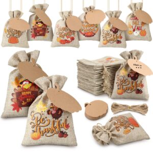 36 Pcs Thanksgiving Burlap Bags Thanksgiving Treat Goodies Bags Pumpkin Turkey Burlap Gift Bags with Drawstring Fall Candy Bags with Pumpkin Card Small Drawstring Pouch for Thanksgiving Fall Party