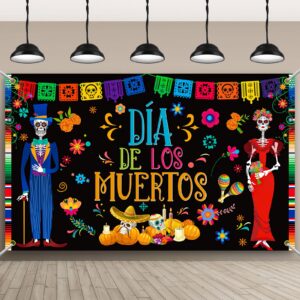 5.9 x 3.6 feet day of the dead banner backdrop fabric dia de los muertos decor with mexican fiesta sugar skull and colorful flowers patterns and 19.7 feet rope for halloween birthday party decorations