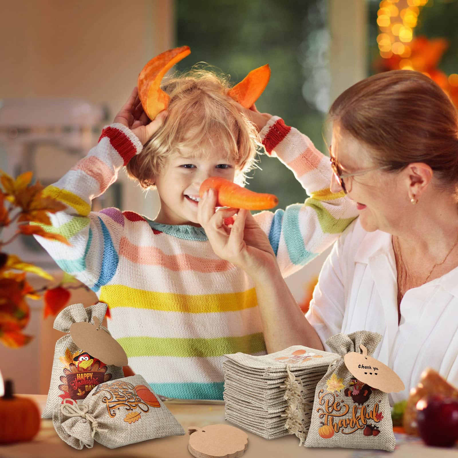 36 Pcs Thanksgiving Burlap Bags Thanksgiving Treat Goodies Bags Pumpkin Turkey Burlap Gift Bags with Drawstring Fall Candy Bags with Pumpkin Card Small Drawstring Pouch for Thanksgiving Fall Party