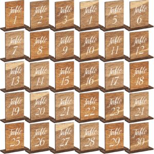 30 pcs wedding wooden table numbers 1-30 wedding table numbers with wooden base rustic wedding centerpieces for tables number wooden sign for banquet restaurant party decor, 3.9 x 5.9 inch