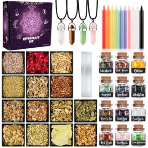 wellpick 41pcs witchcraft supplies kit box for witch - crystals spell jars for witches - herbs for witchcraft - spell candles and pendulum for wiccan - witchy gift for women (41pcs)