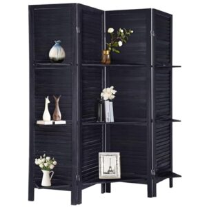 rhf 4 panel room divider room dividers and folding privacy screens,5.6 ft tall privacy screen wood room divider wall partition with shelves (black, 4 panel)