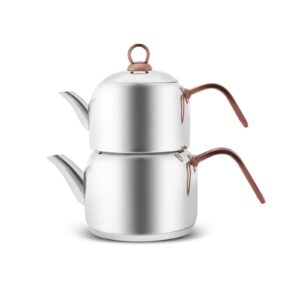 karaca manes medium turkish teapot set - stainless steel teapot with lid - (turkish tea pot 1.35 liters & water tank 1.95 liters) - non-burning bakelite handles midi tea maker & induction tea kettle