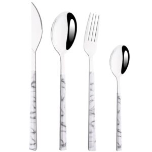 briiec 24pcs white imitation marble pattern handle flatware silverware set, stainless steel cutlery set for 6, square handle eating utensils, mirror polished for home kitchen bar restaurant