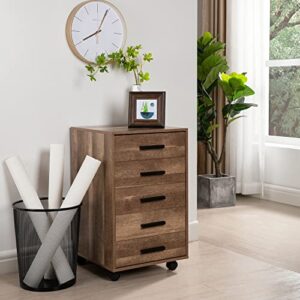 naomi home parker modern 5 drawer dresser cabinet with fashionable handles, swivel casters, small wood dresser for bedroom with industrial design, dressers & chests of drawers, chestnut