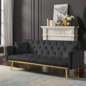 dnchuan velvet futon sofa bed,3 seater/plus-loveseat sleeper sofa,button tufted with 2 pillows and gold metal legs, easy assembly-black