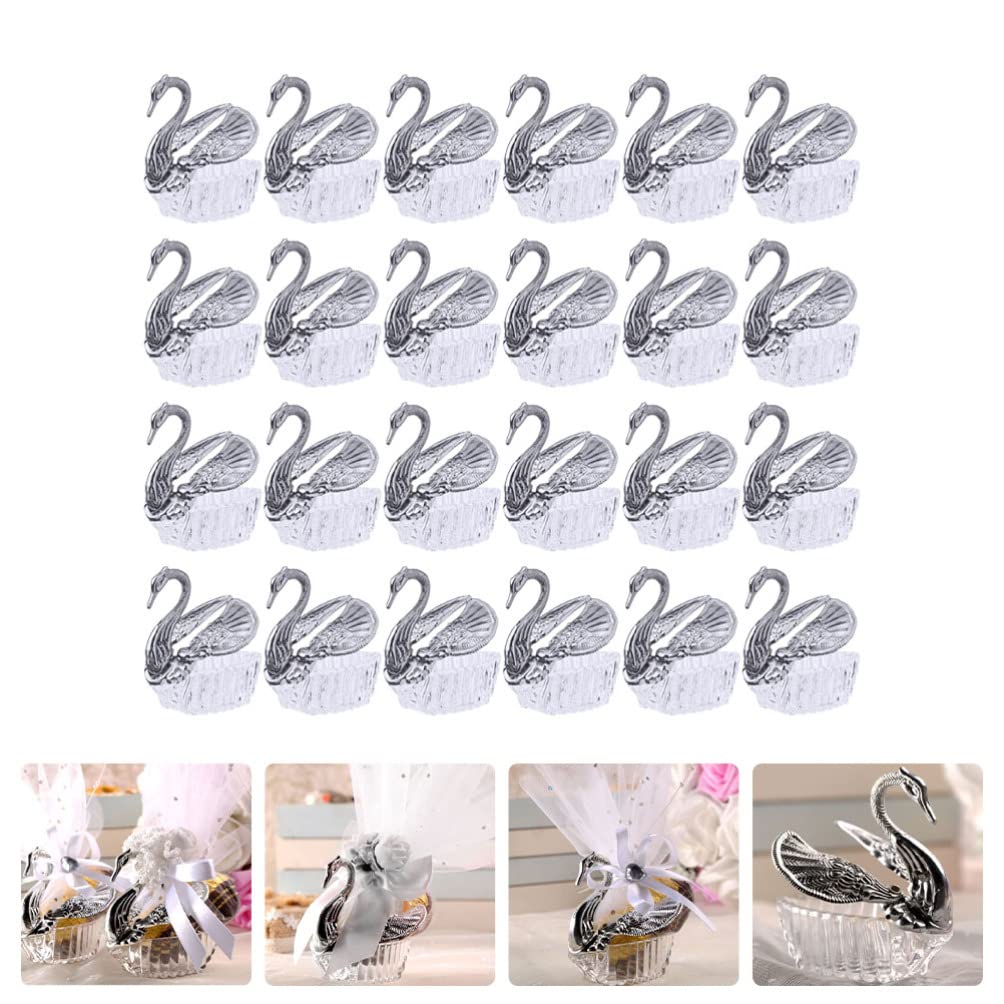 24Pcs Wedding Candy Boxes Swan Shaped Candy Containers Packing Boxes Ornament Fillable Pouch Party Favors for Wedding Bridal Shower Party Supplies Silver