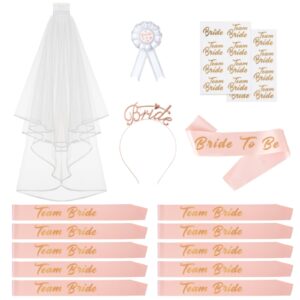 fontien bride to be bachelorette party supplies, 16pcs bachelorette party decorations kit bride to be sash veil tiara tattoos for bridal shower wedding decorations, rose gold