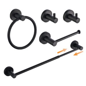 shunli 5-piece bathroom hardware accessories set matte black (towel bar adjustable 16” to 26”, toilet paper holder, towel ring, 2 pcs towel hook) wall mounted, sus304 stainless steel