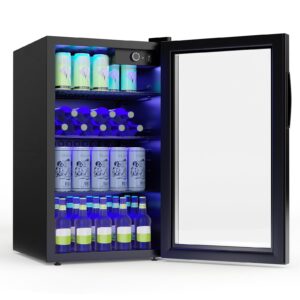 oralner beverage refrigerator cooler, 120-can beverage center w/glass door & adjustable shelf, blue led light, 3.2 cu.ft drink wine cooler for beer pop soda, mini fridge for basement, garage, dorm